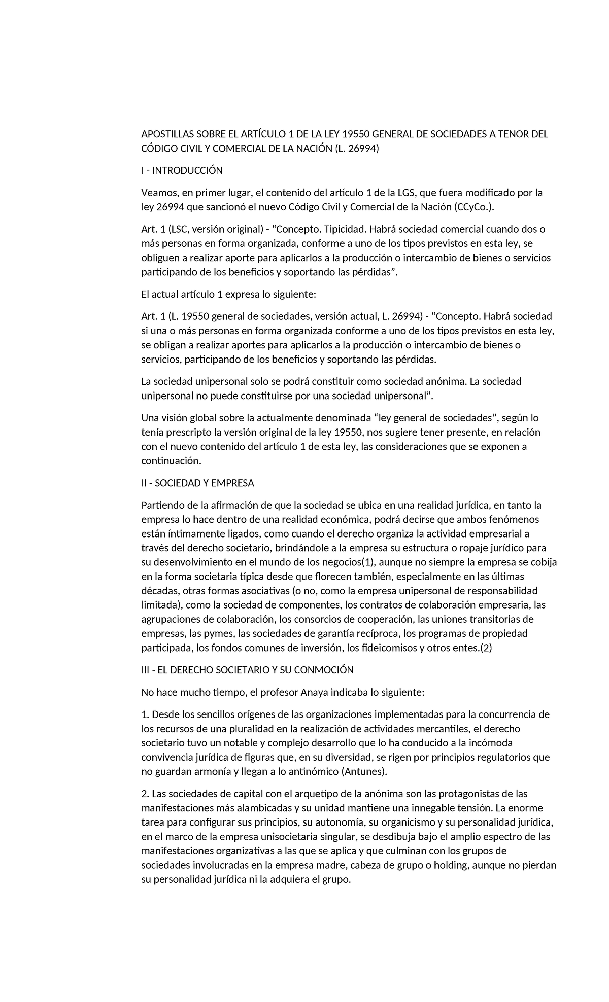 Apostillas Sobre EL ART CULO 1 DE LA LEY 19550 General DE Sociedades A ...