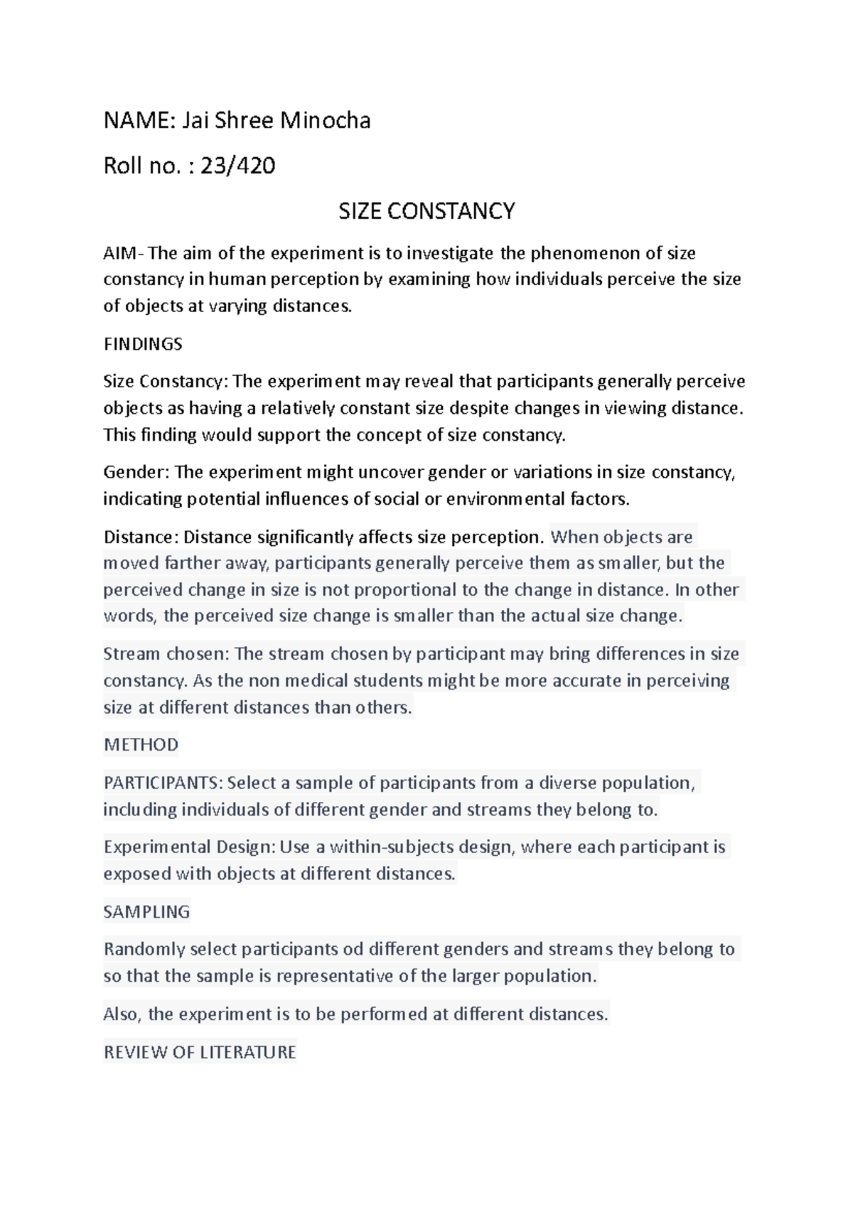 SIZE Constancy - NAME: Jai Shree Minocha Roll no. : 23/ SIZE CONSTANCY ...