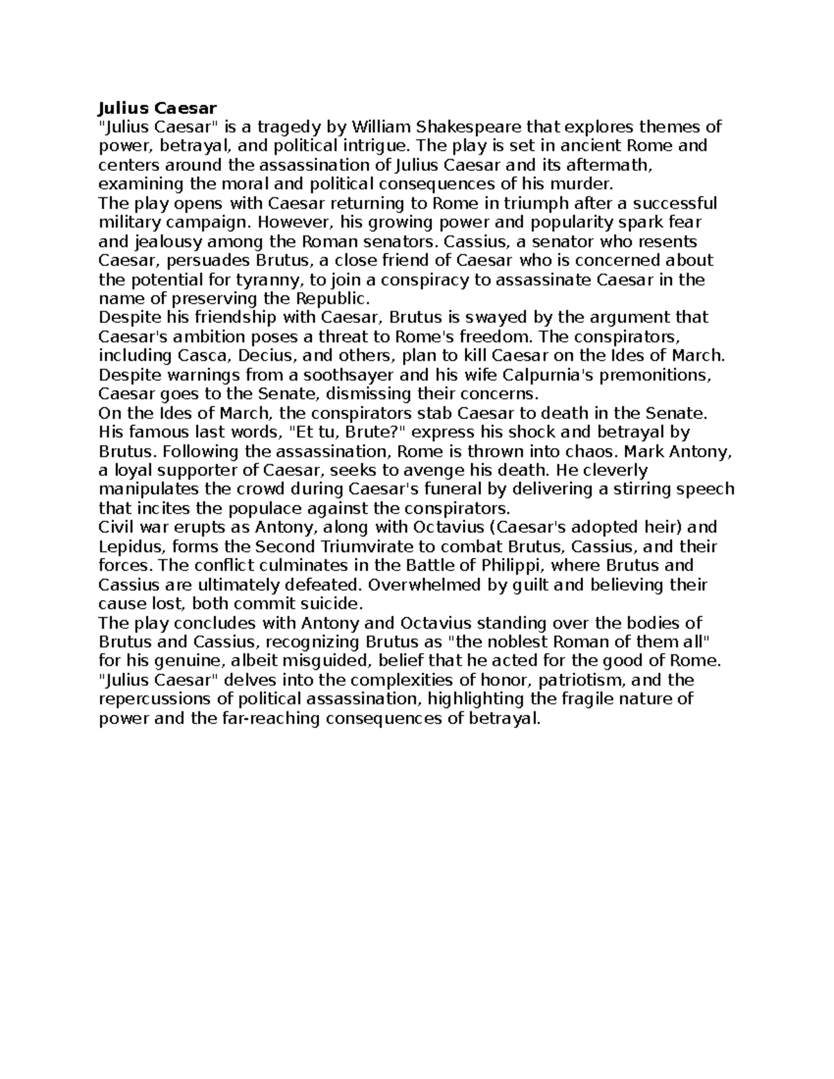 Julius Caesar - summary - Julius Caesar "Julius Caesar" is a tragedy by ...