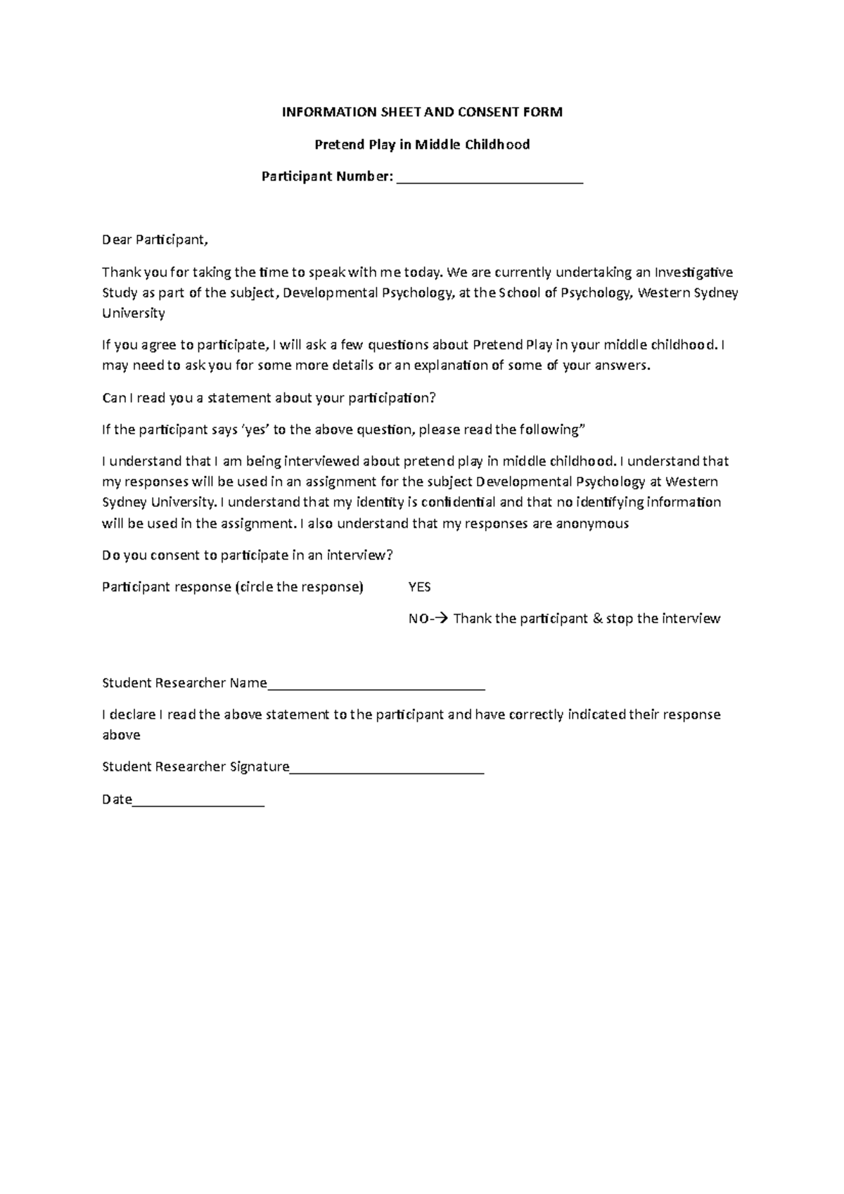 Consent form-Pretend Play in Middle Childhood - INFORMATION SHEET AND ...