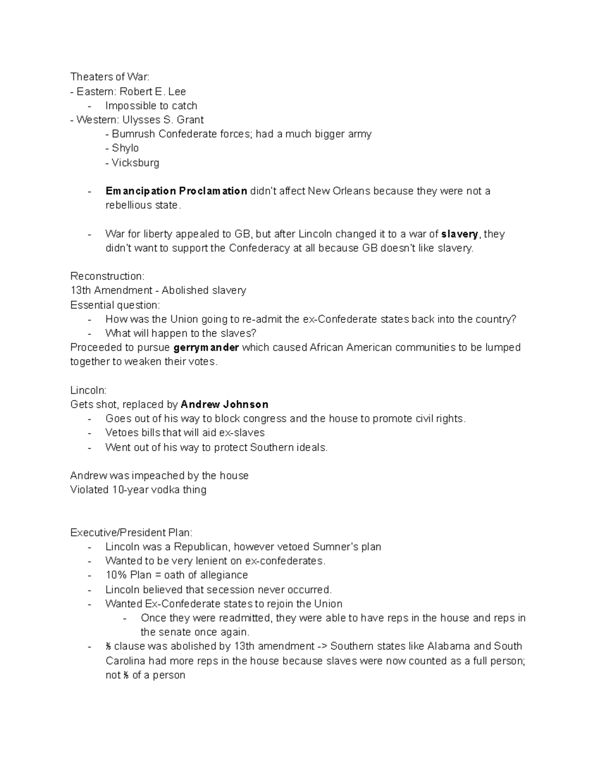 APUSH UNIT 2 Notes - Theaters of War: Eastern: Robert E. Lee Impossible ...