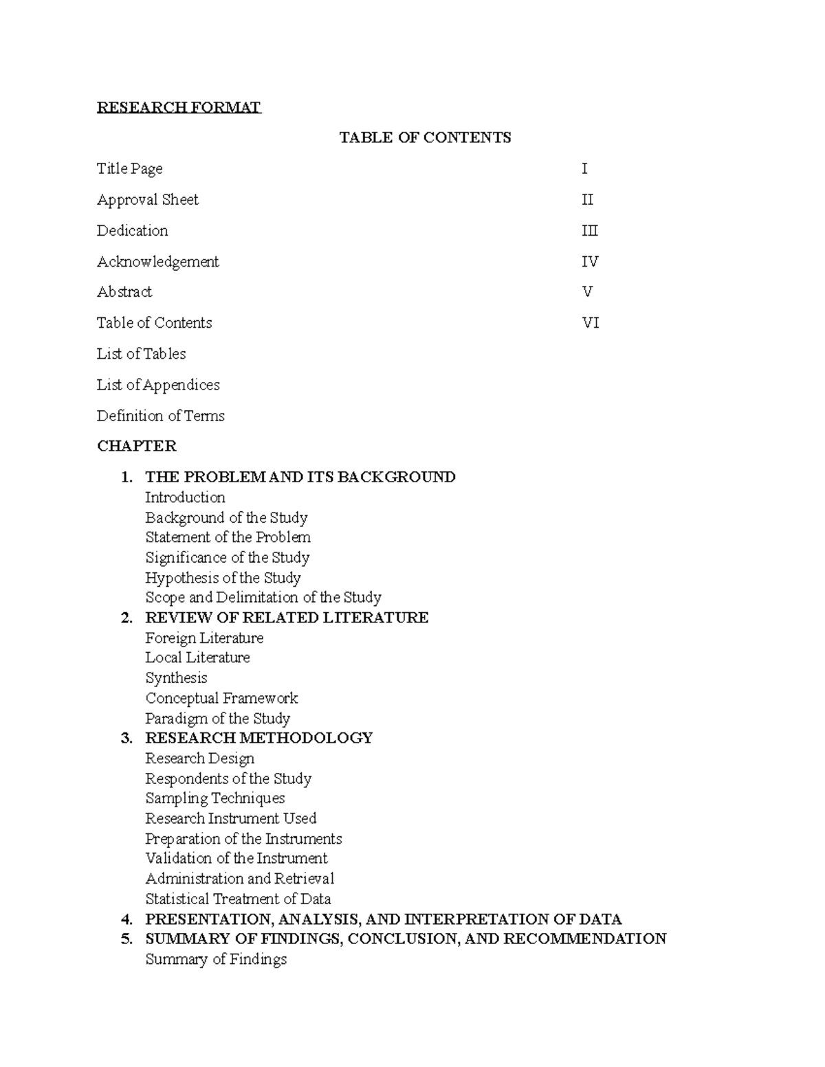 Research Format RESEARCH FORMAT TABLE OF CONTENTS Title Page I research-format-research-format-table-of-contents-title-page-i