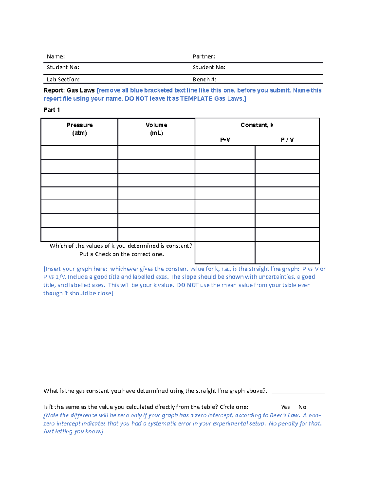 Template Gas Laws - Name: Partner: Student No: Student No: Lab Section ...