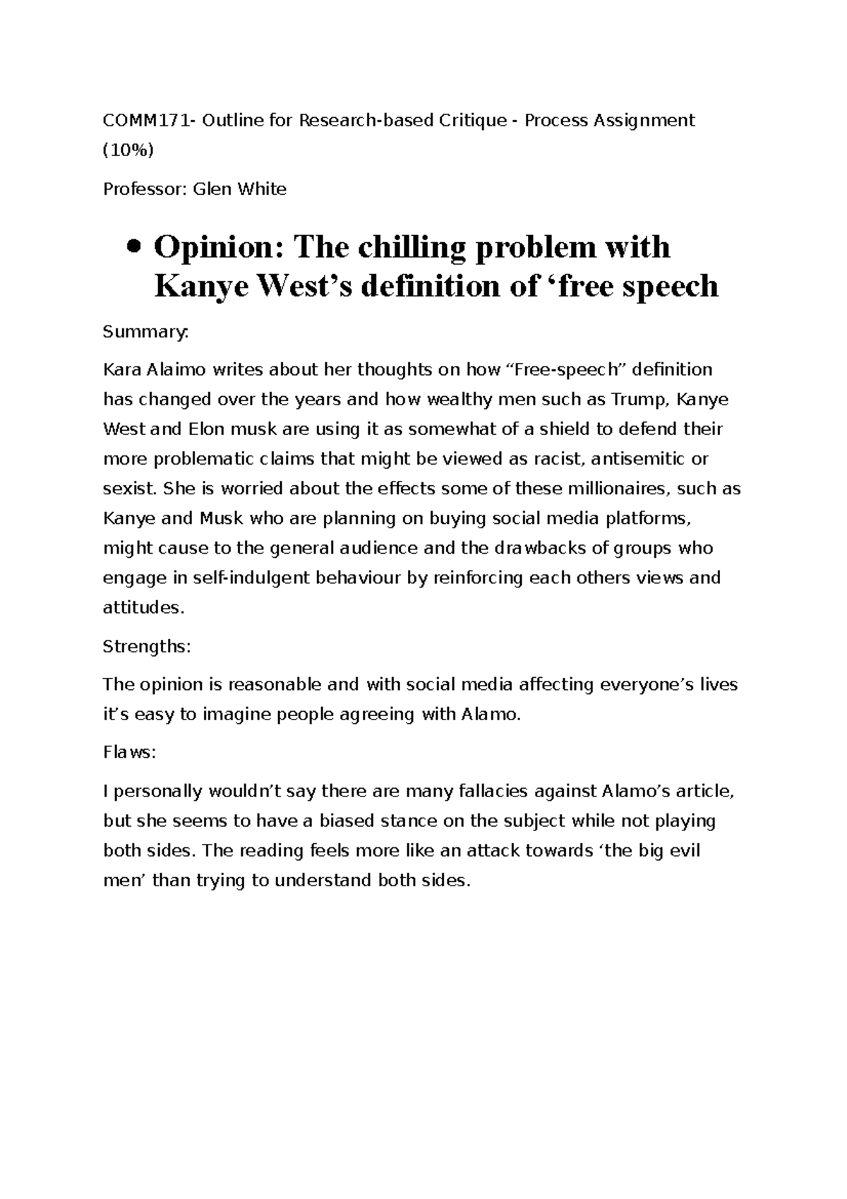 COMM171 - Outline for Research based Critique - COMM171- Outline for ...