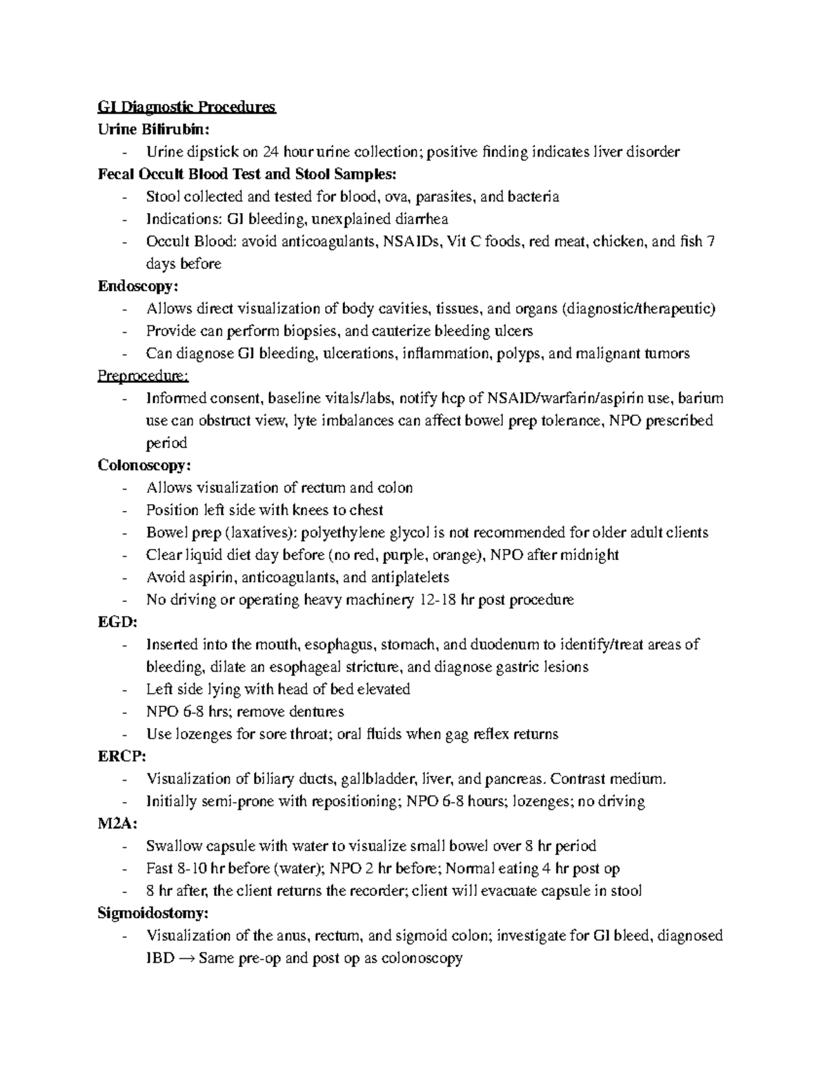 Med Surg Test 1 GI Study Guide - GI Diagnostic Procedures Urine ...