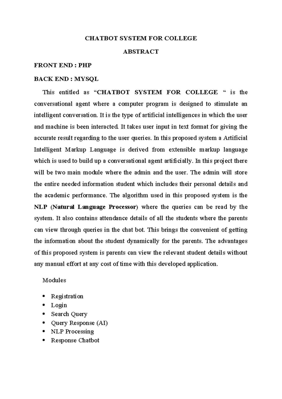 Chatbot System FOR College - CHATBOT SYSTEM FOR COLLEGE ABSTRACT FRONT ...