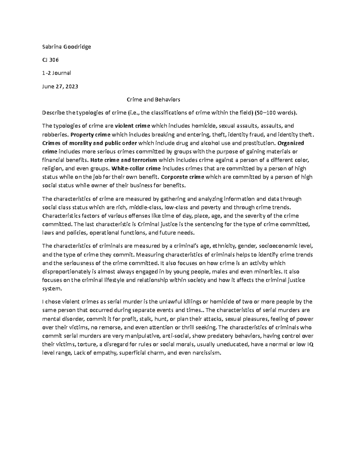 CJ 306 1-2 Journal - Sabrina Goodridge CJ 306 1-2 Journal June 27, 2023 ...