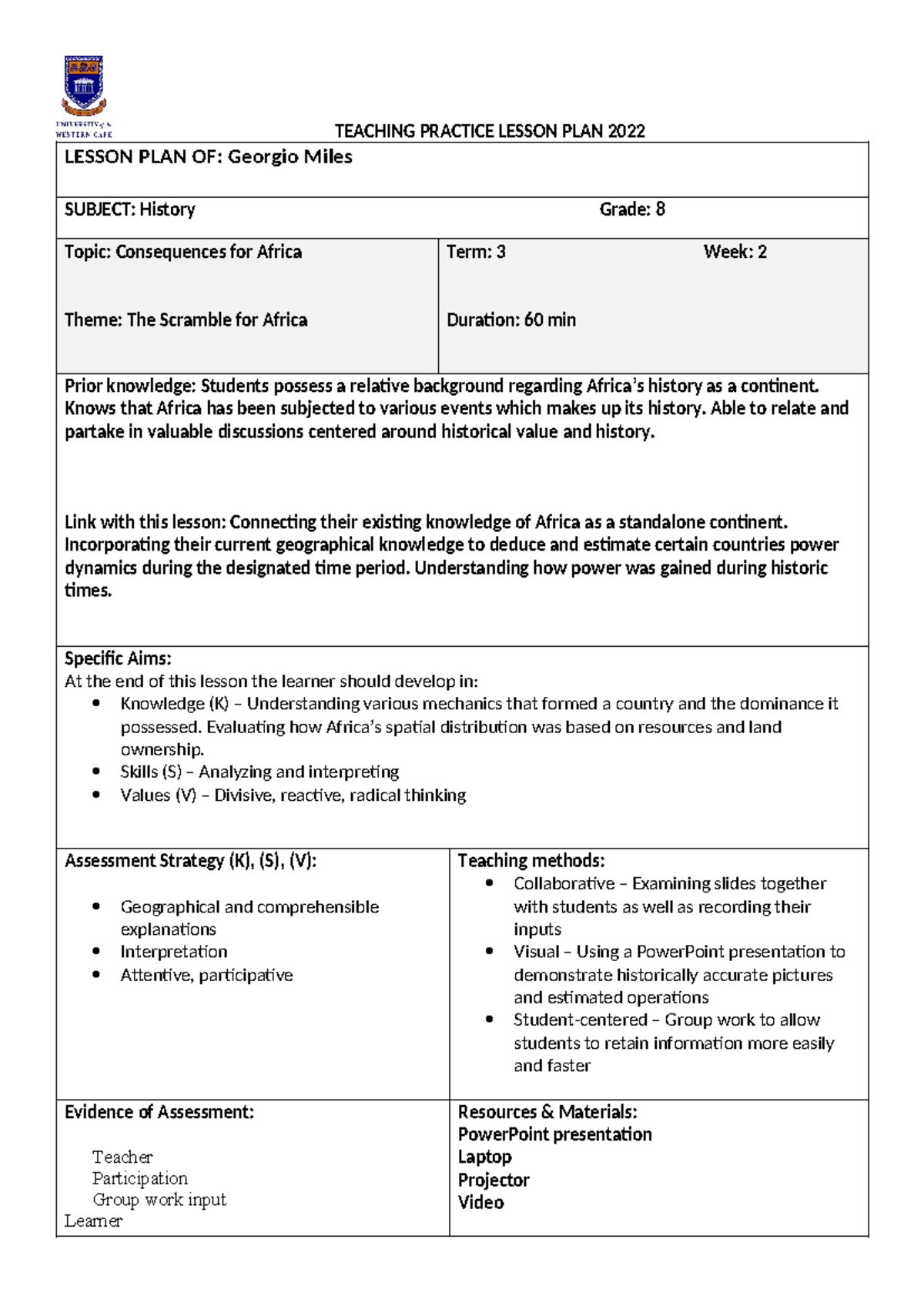Lesson plan History - Notes - TEACHING PRACTICE LESSON PLAN 202 2 ...