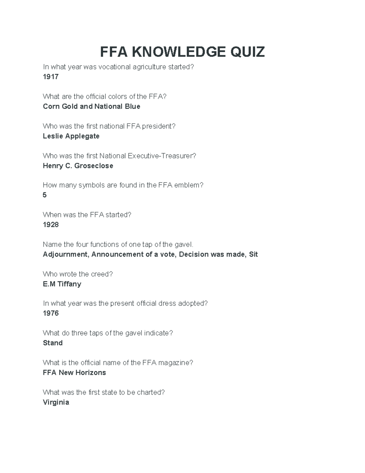 FFA-Knowledge-Quiz - Quiz - FFA KNOWLEDGE QUIZ In what year was ...