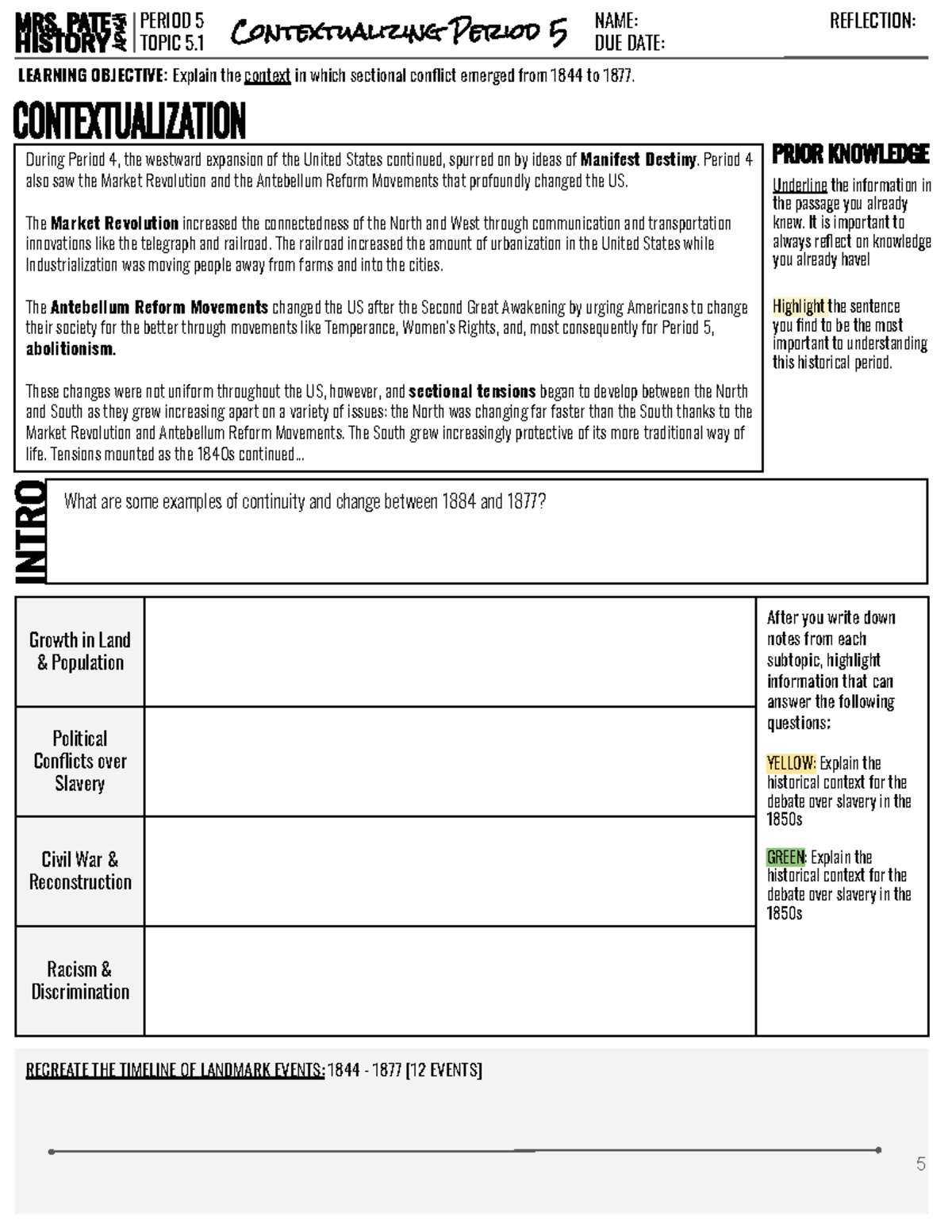 Apush P5 Notes Template - ####### DUE DATE: ####### TOPIC 5 ...