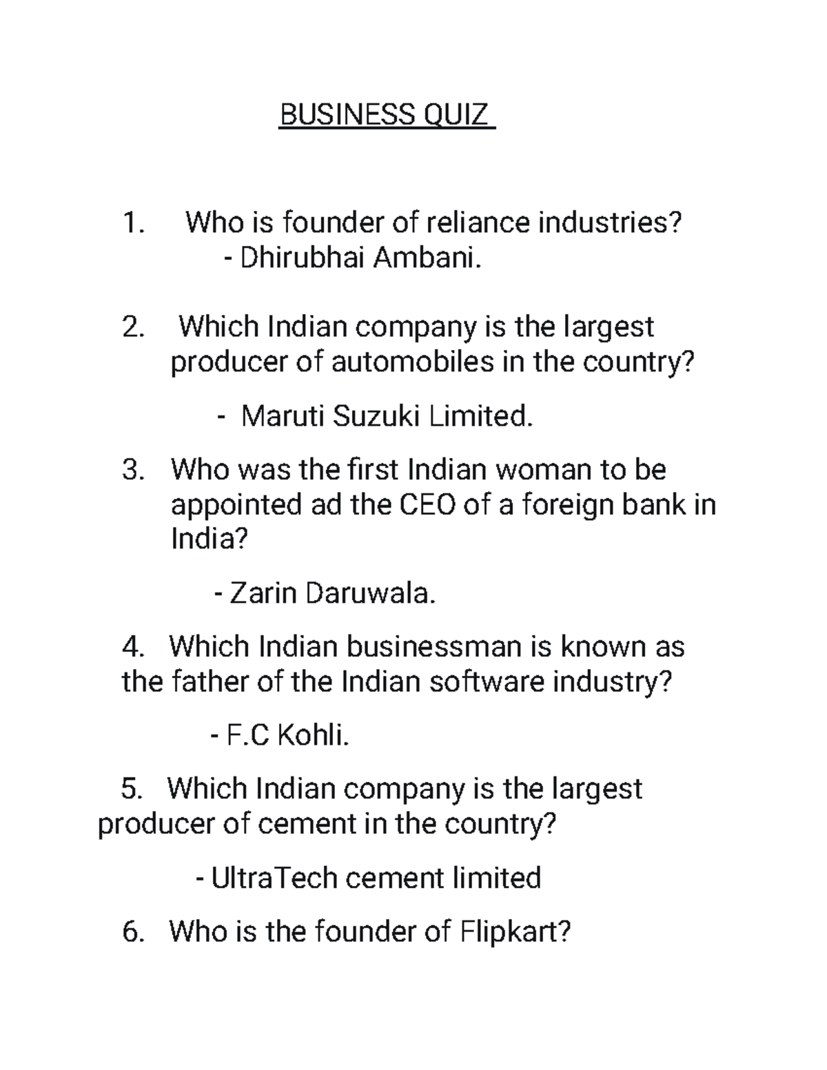 Business QUIZ - BUSINESS QUIZ Who is founder of reliance industries ...