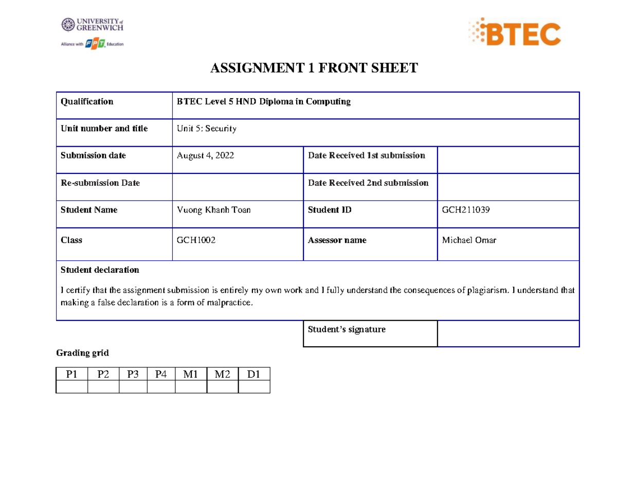 1 Unit 5 - Assignment 1 frontsheet - ASSIGNMENT 1 FRONT SHEET Qualification BTEC Level 5 HND ...