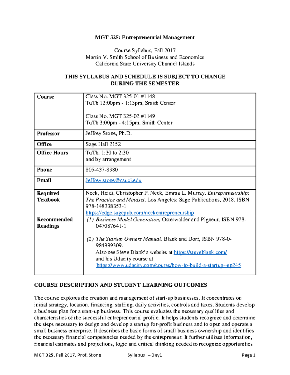 Entrep Syllabus - use for teachers guide and students as well - MGT 325 ...