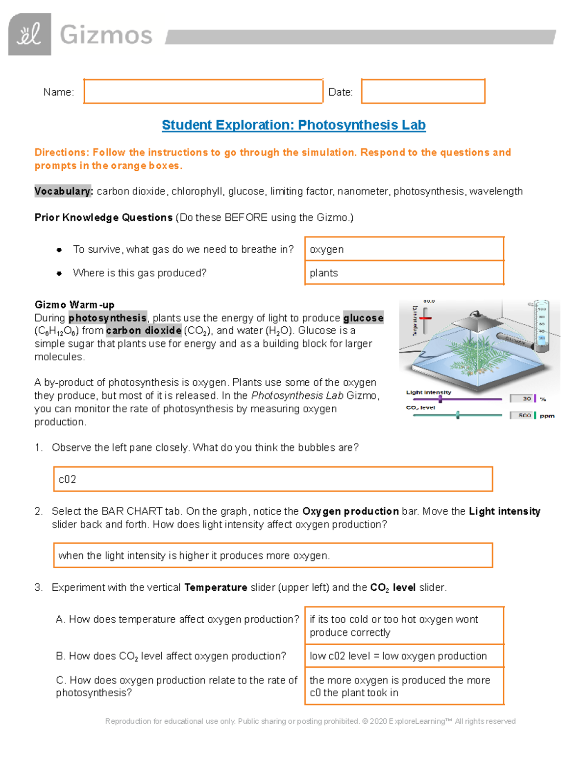 Copy of Gizmo Photosynthesis Lab - Name: Date: Student Exploration ...