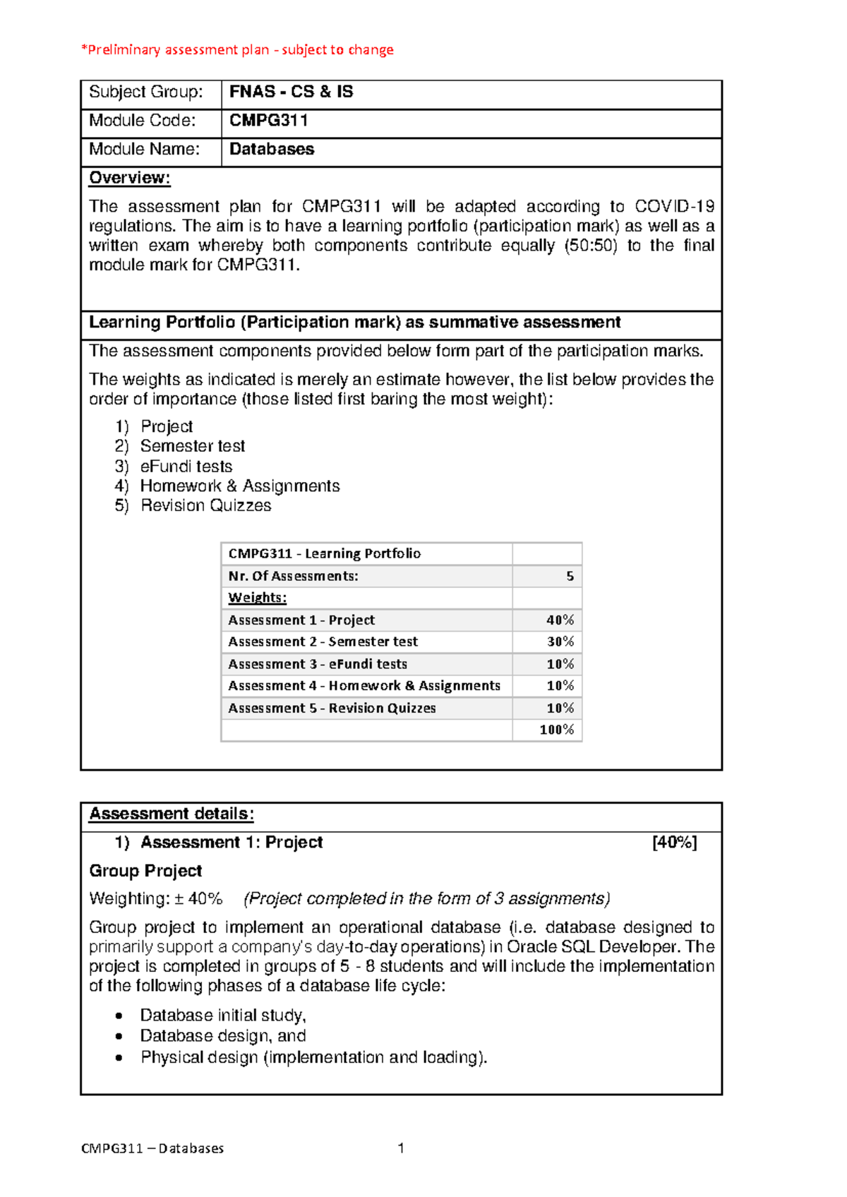 CMPG311 Assessment Plan 2021 - *Preliminary assessment plan - subject to change CMPG311 ...