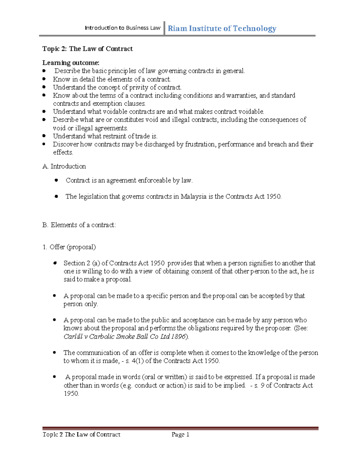 Topic 2 Law of Contract - Topic 2: The Law of Contract Learning outcome ...