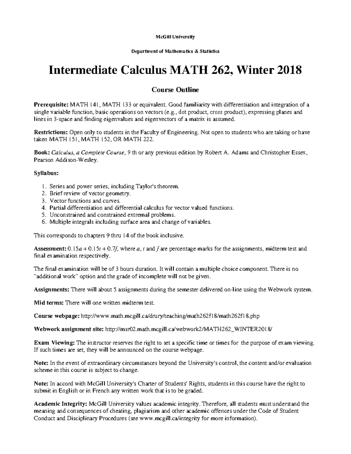 Course Outline Math 262 - McGill University Department of Mathematics ...