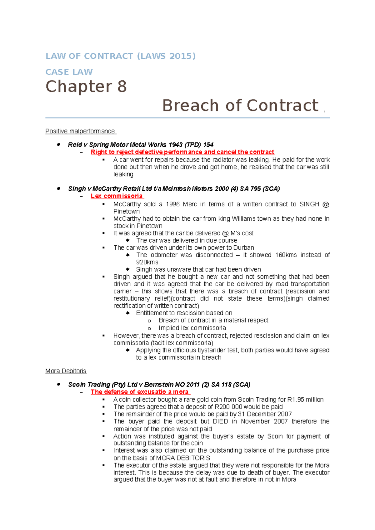 Cases for contract semester 2 - LAW OF CONTRACT (LAWS 2015) CASE LAW ...