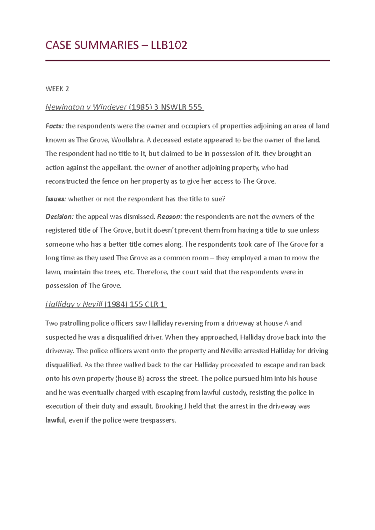 CASE Summaries - CASE SUMMARIES – LLB WEEK 2 Newington v Windeyer (1985 ...