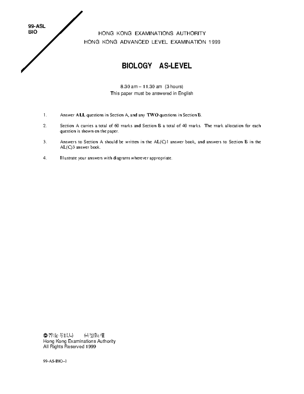 1999 Biology ASL - Hong Kong Examinations Authority All Rights Reserved ...