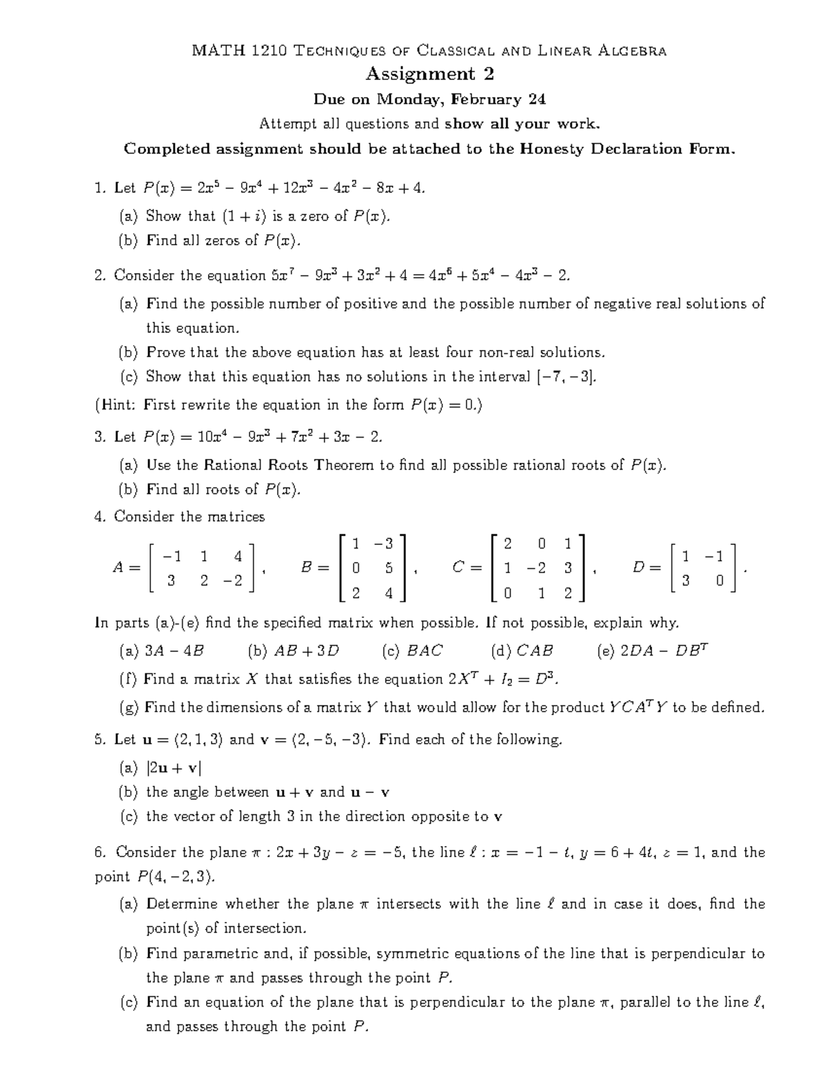W20asst2 - Techniques Of Classical And Linear Algebra course material ...