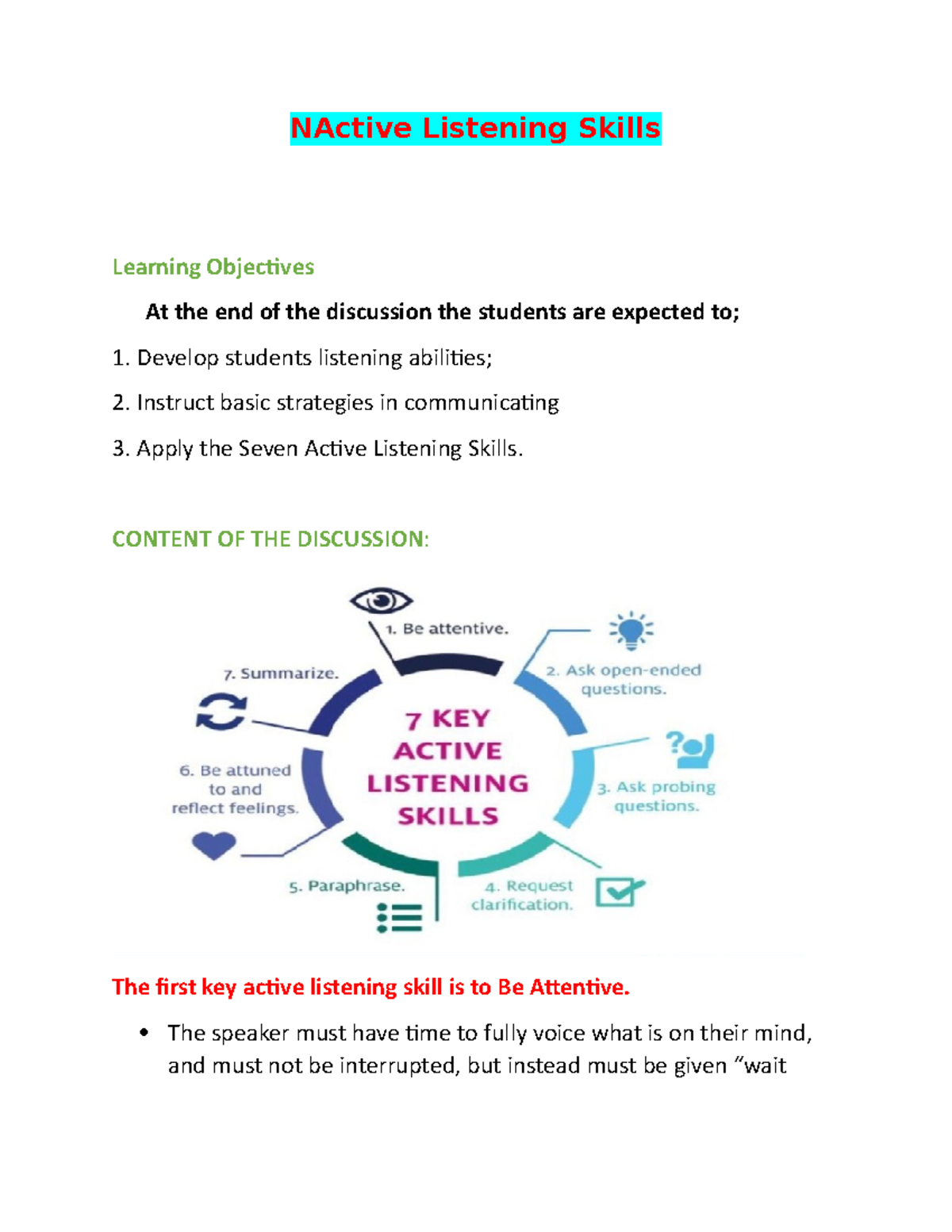Teaching and assessment - NActive Listening Skills Learning Objectives ...