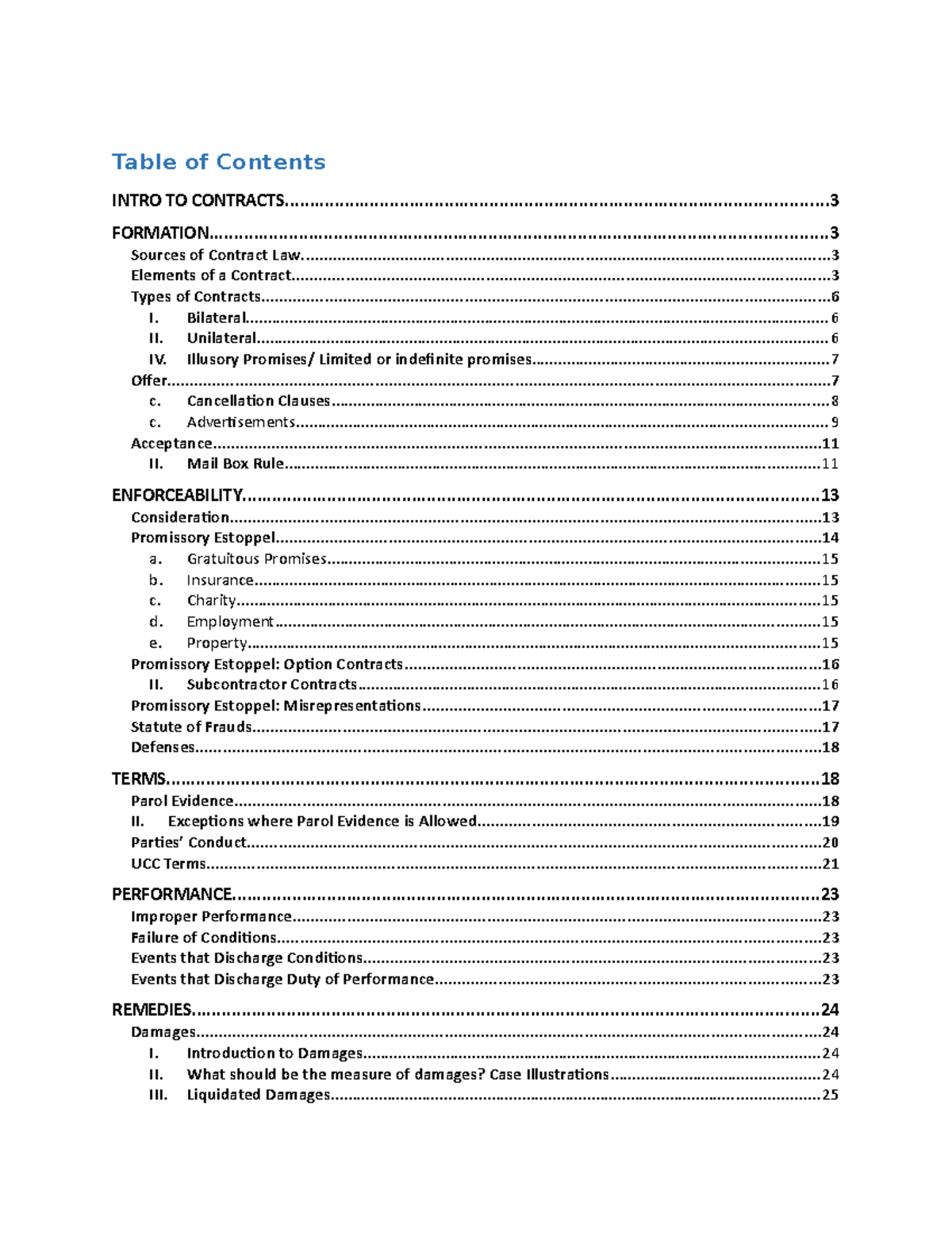 My Contracts Outline - Lecture notes All - Table of Contents INTRO TO ...