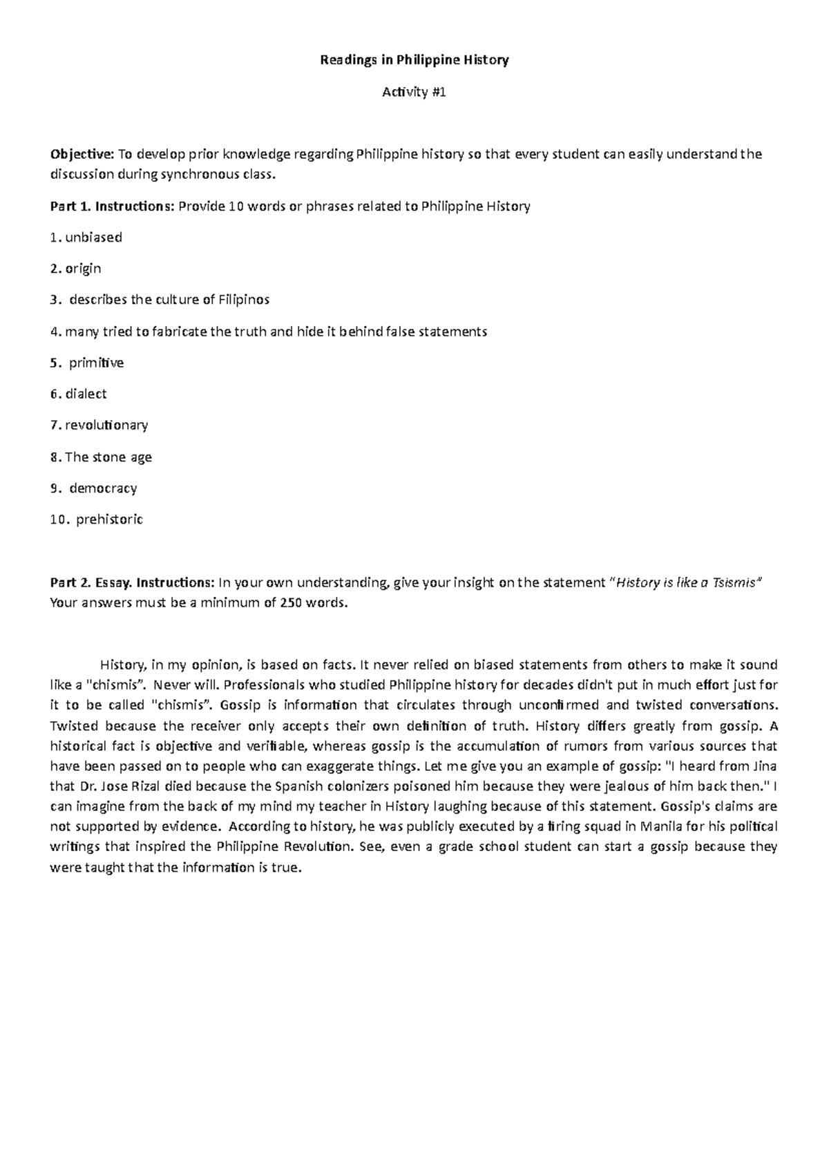 Philippine History Activity 1 - Readings in Philippine History Activity ...