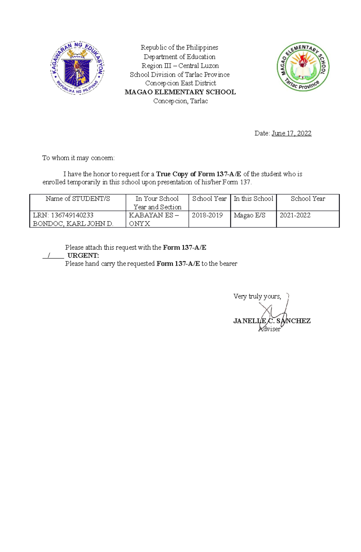 Request Letter Form 137 Republic Of The Philippines Department Of