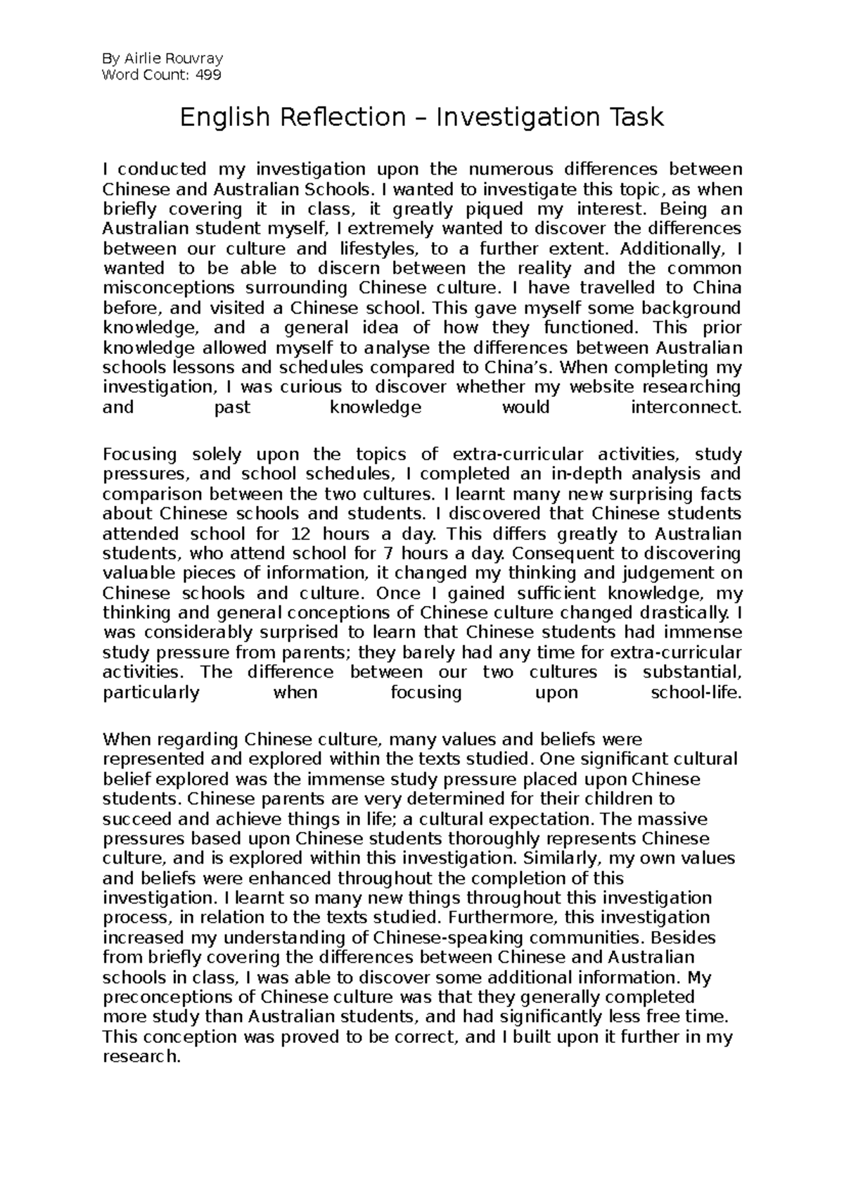 A Reflective Response in English - By Airlie Rouvray Word Count: 499 ...