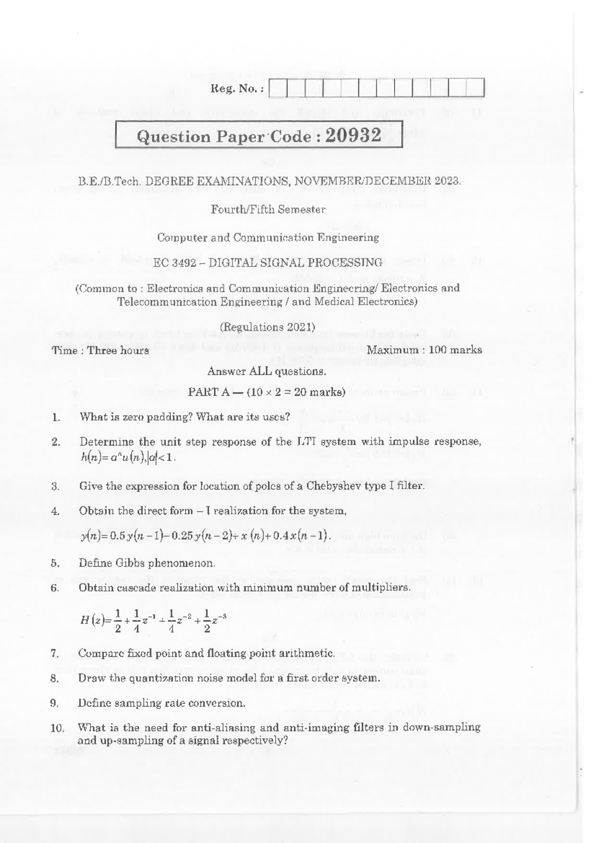 EC 3492-DSP nd23 - notes - Reg. No. : Question Paper Code : 20932 ...