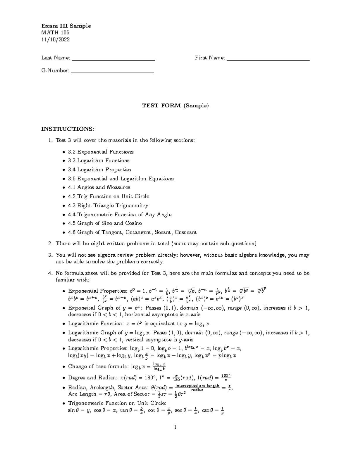 Test3 Sample - Exam III Sample MATH 105 11/10/ Last Name: First Name: G ...
