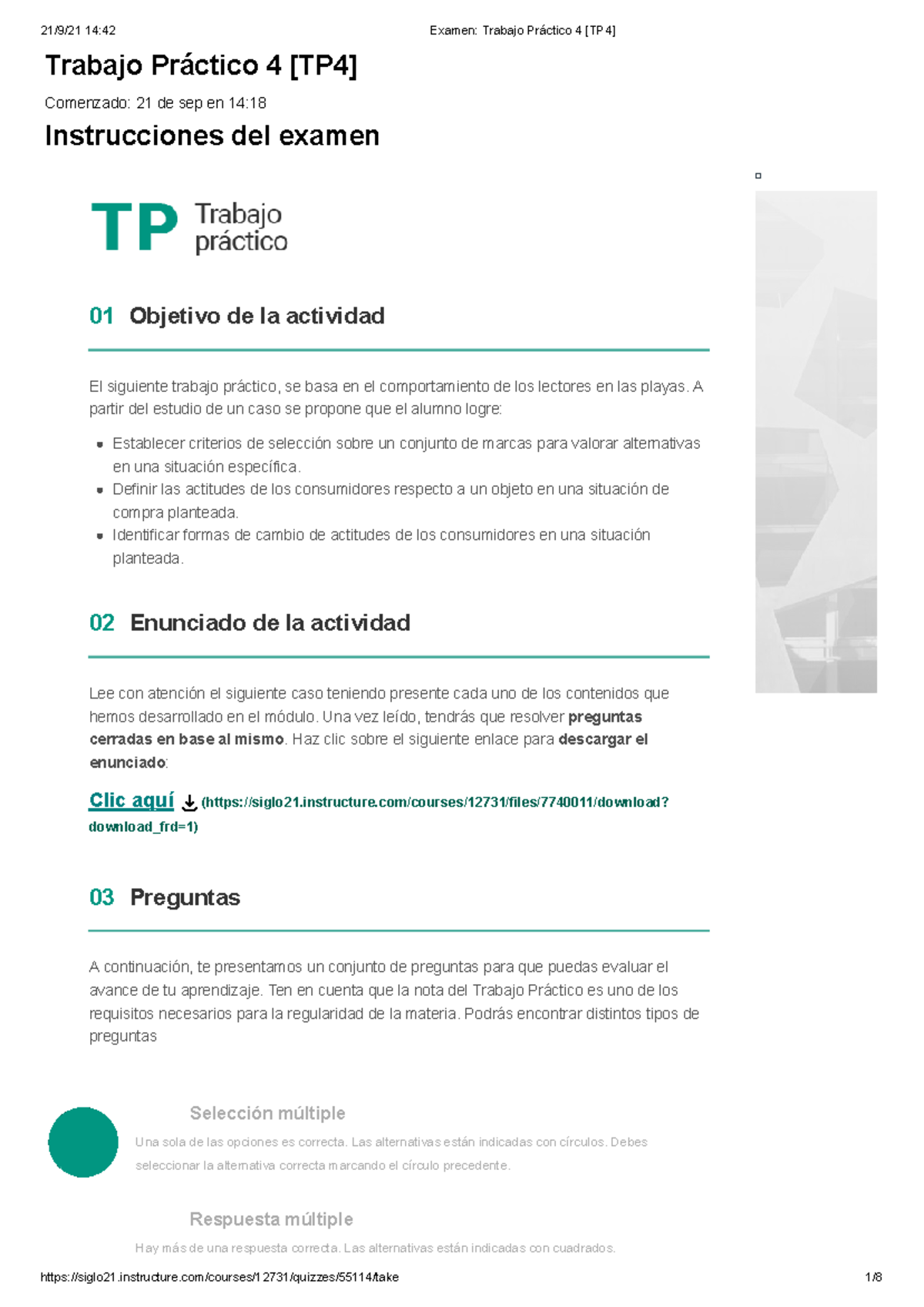 Examen Trabajo Práctico 4 [TP4] mio - Trabajo Práctico 4 [TP4] Comenzado: 21 de sep en 14: - Studocu