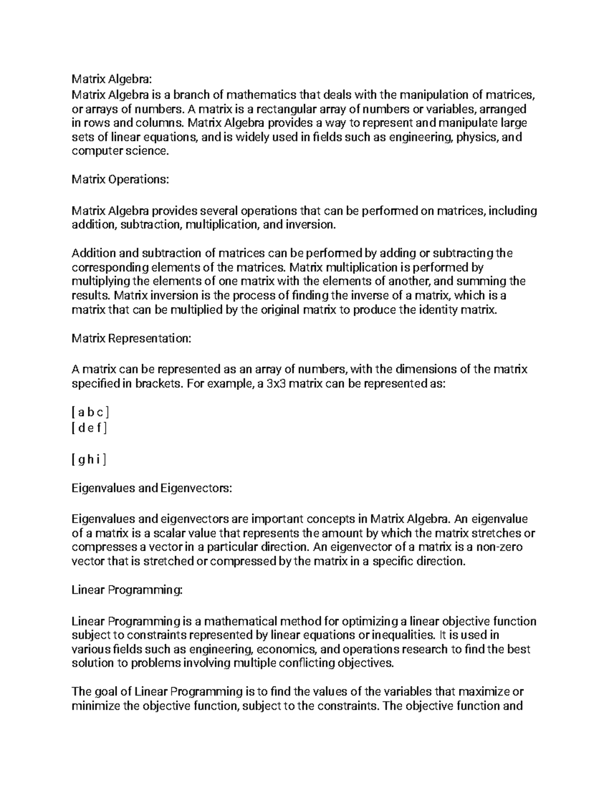Matrix Algebra And Linear Programming Matrix Algebra Matrix Algebra Is A Branch Of 