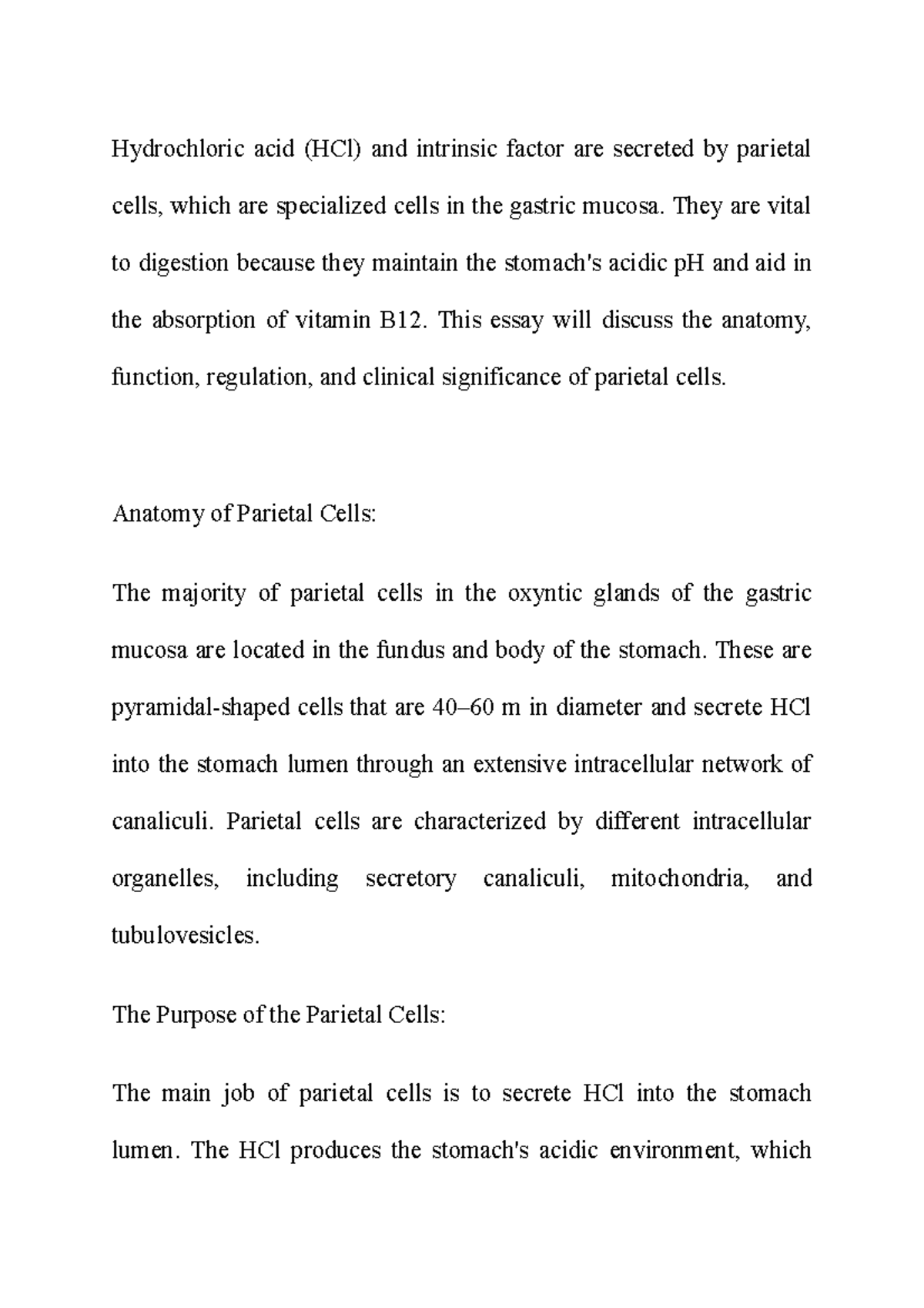 Parietal Cells - bhv - Hydrochloric acid (HCl) and intrinsic factor are ...