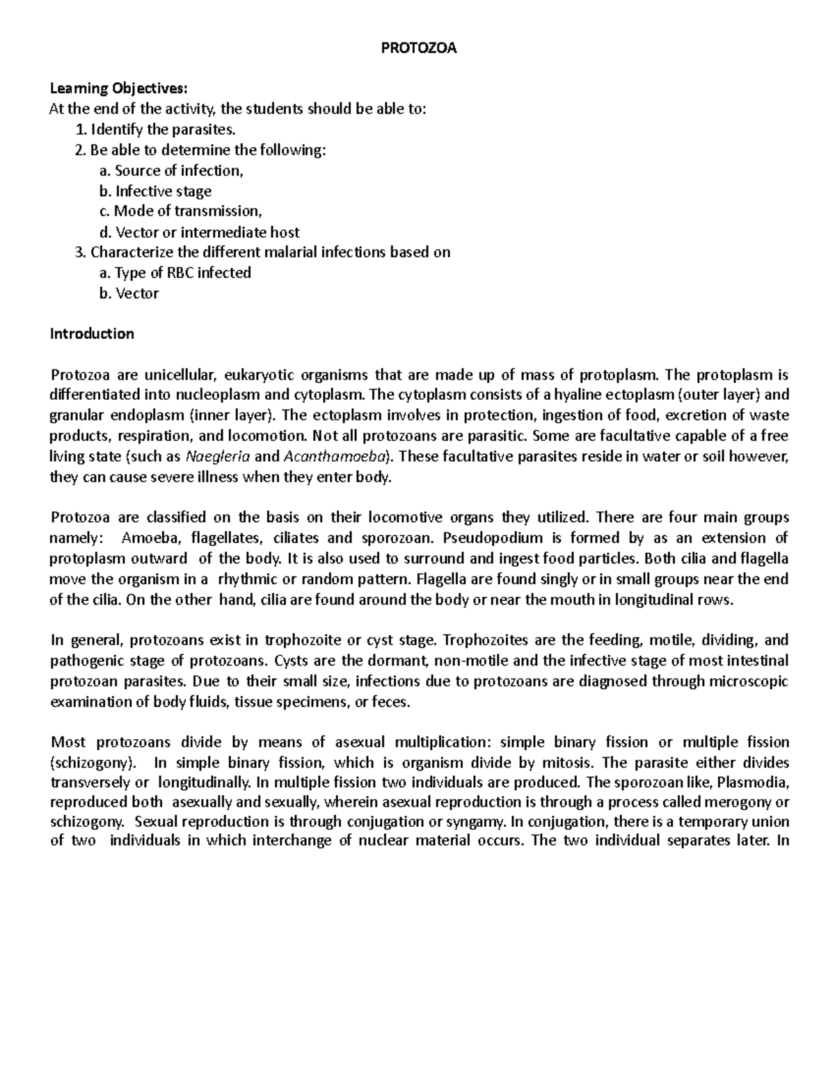 Exercise 1 - Protozoan - PROTOZOA Learning Objectives: At the end of ...