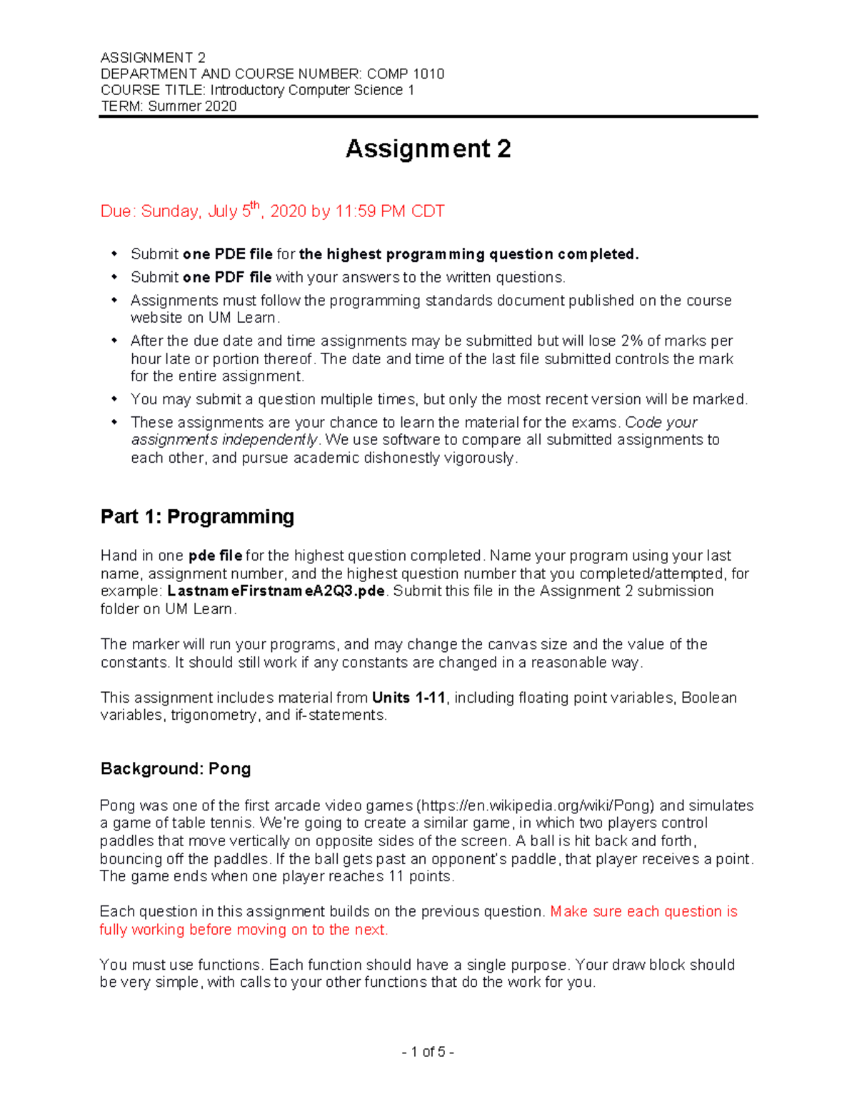 Assignment 2 - DEPARTMENT AND COURSE NUMBER: COMP 1010 COURSE TITLE ...