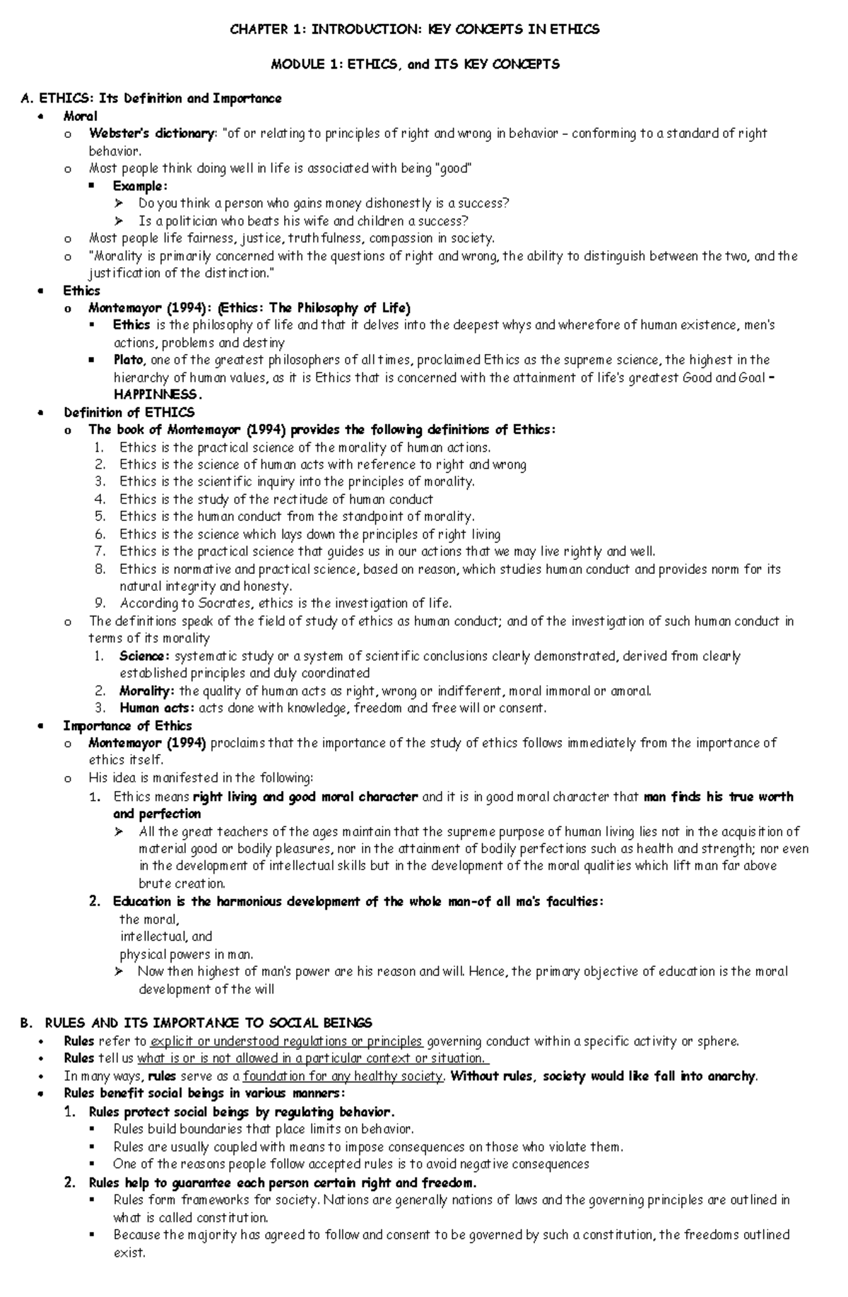 Ethics - CHAPTER 1: INTRODUCTION: KEY CONCEPTS IN ETHICS MODULE 1: ETHICS, and ITS KEY CONCEPTS ...