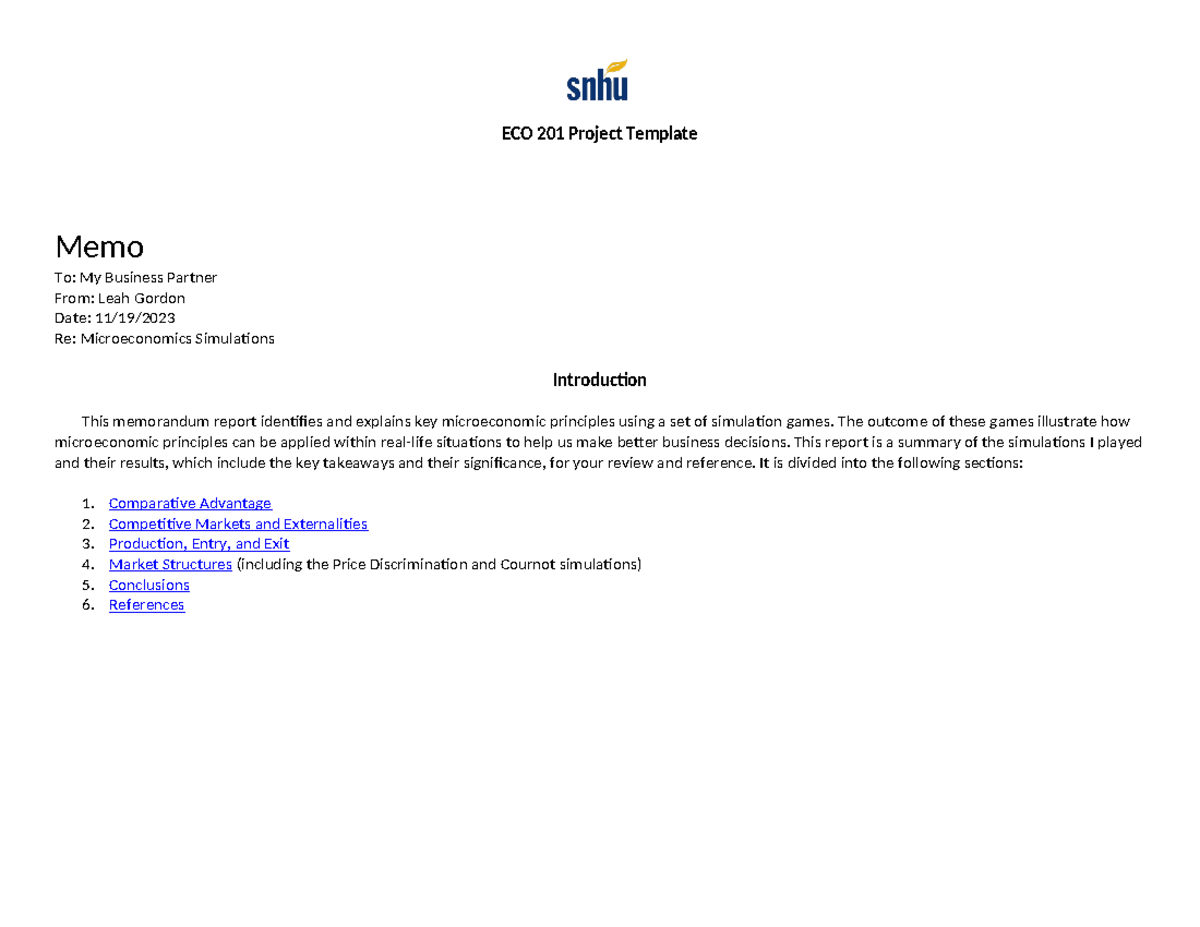 ECO 201 Project Template - ECO 201 Project Template Memo To: My ...