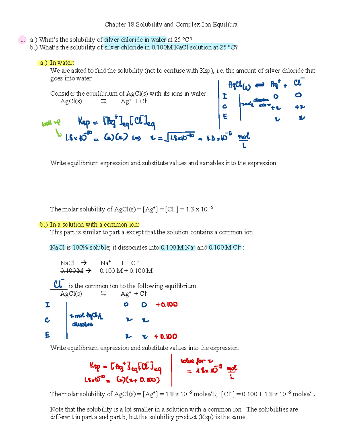 Chapter 18 In-Class Examples - Chapter 18 Solubility and Complex-Ion ...