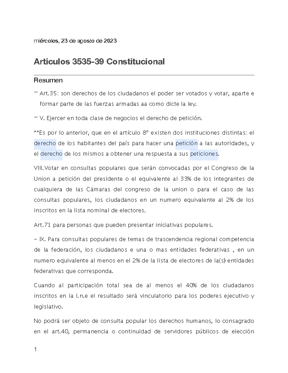 Art. 35-39 Constitucionales - miércoles, 23 de agosto de 2023 Articulos ...