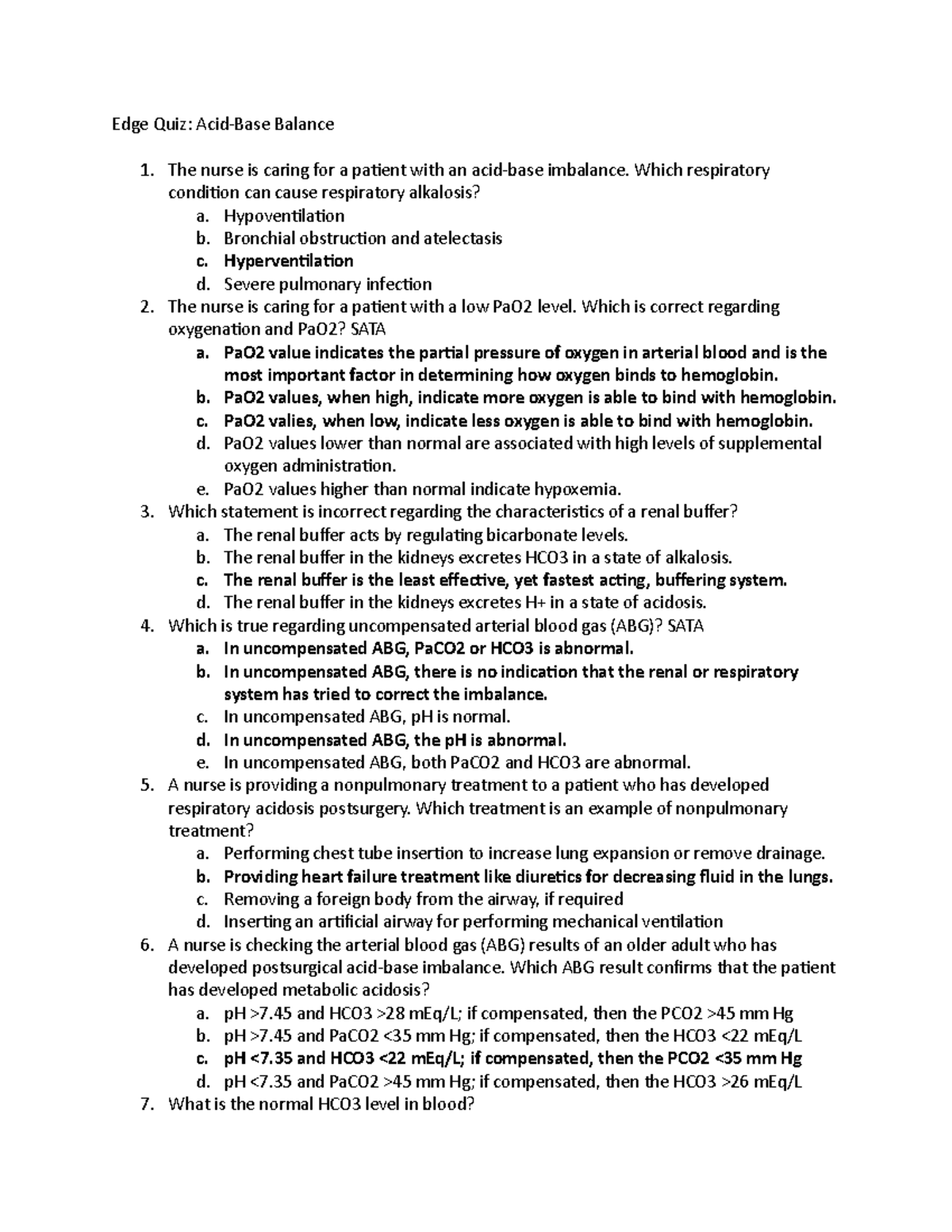 Acid Base Balance Edge Quiz - Edge Quiz: Acid-Base Balance The nurse is ...