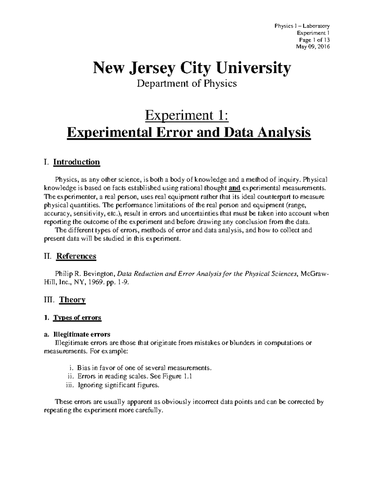 Phys I - Exp 1 - Error and data analysis - Experiment 1 Page 1 of 13 ...