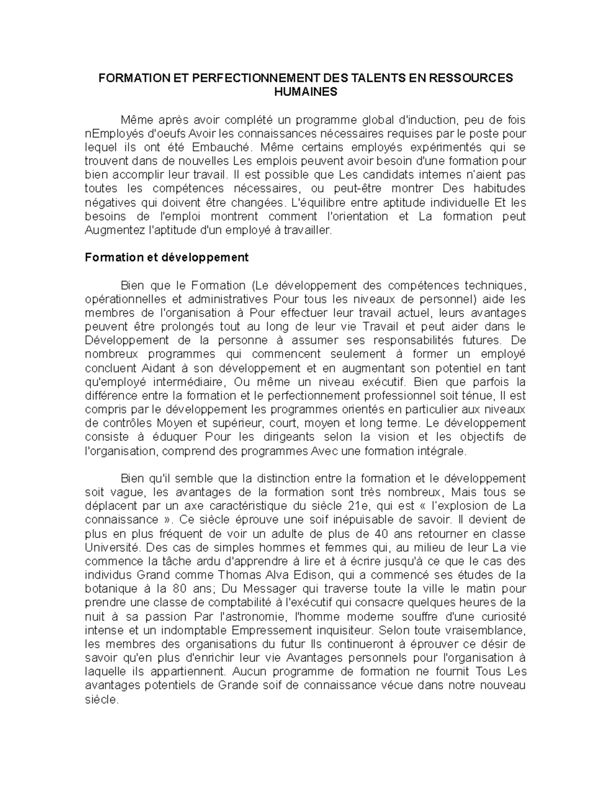 FORMATION ET PERFECTIONNEMENT DES TALENTS EN RESSOURCES HUMAINES ...