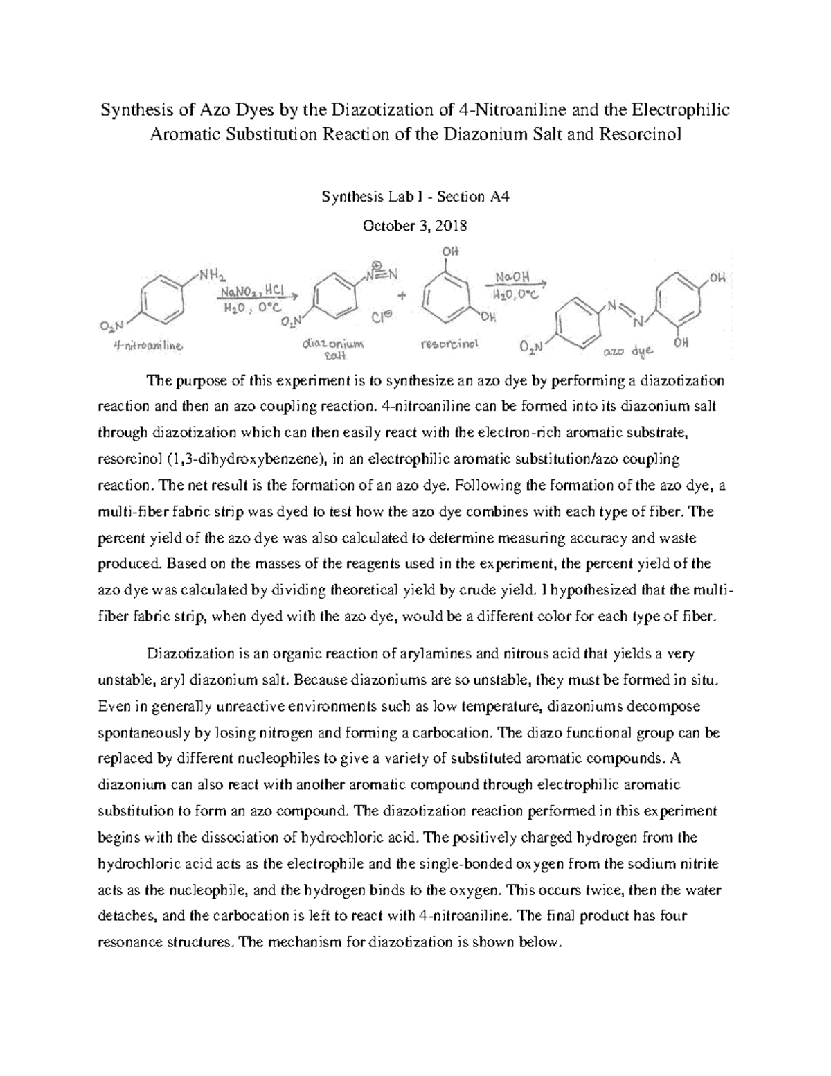 Experiment 5 Partial Lab Report Introduction - Synthesis of Azo Dyes ...