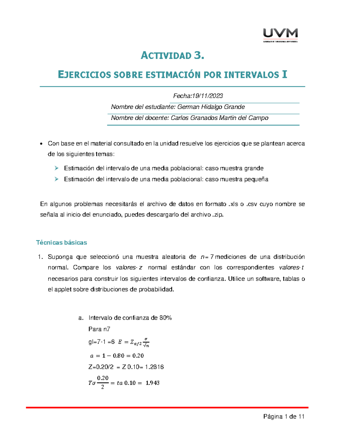 A3 GHG - estadistica inferencial ejercicios actividad 3 - ACTIVIDAD 3. EJERCICIOS SOBRE ...