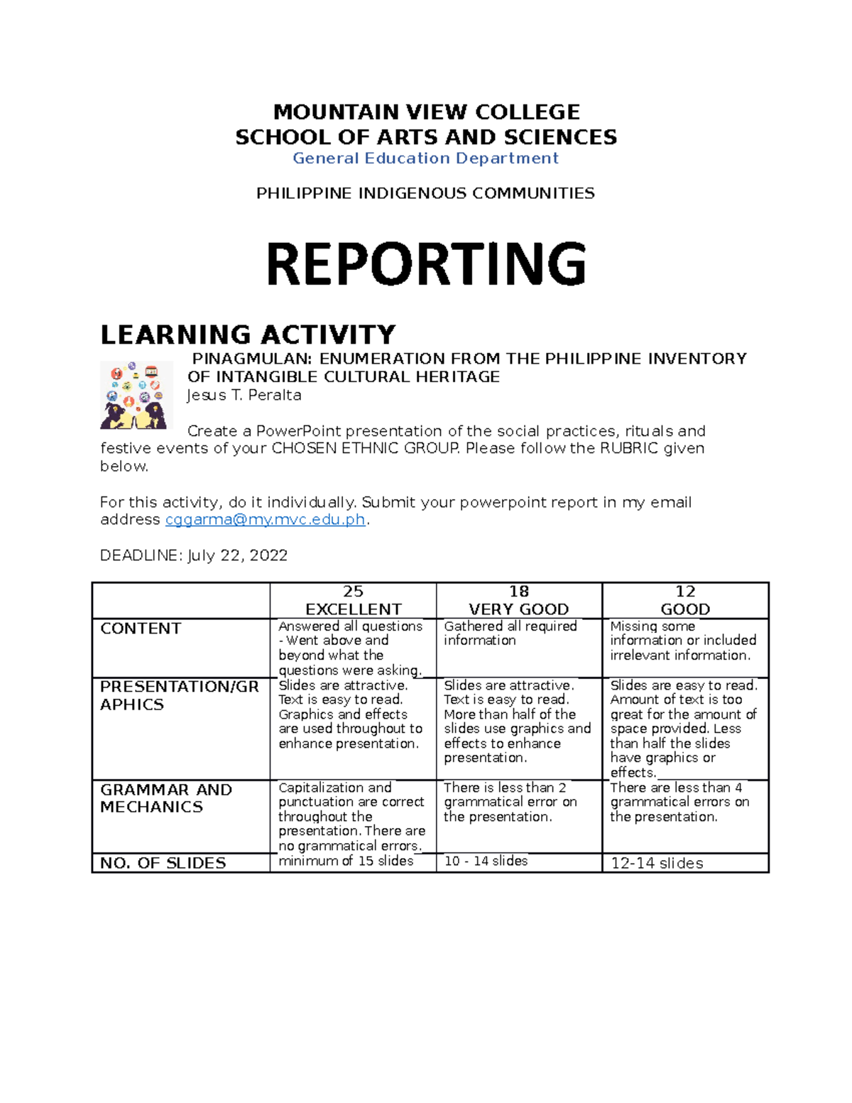 PIC Reporting Summer 2022 - MOUNTAIN VIEW COLLEGE SCHOOL OF ARTS AND ...