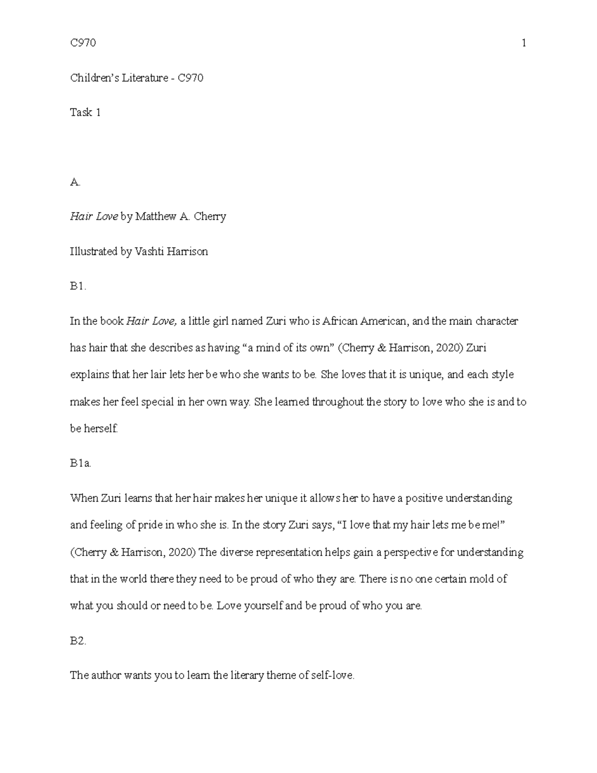 Childrens Lit C970 - Task 1 - Children’s Literature - C Task 1 A. Hair ...