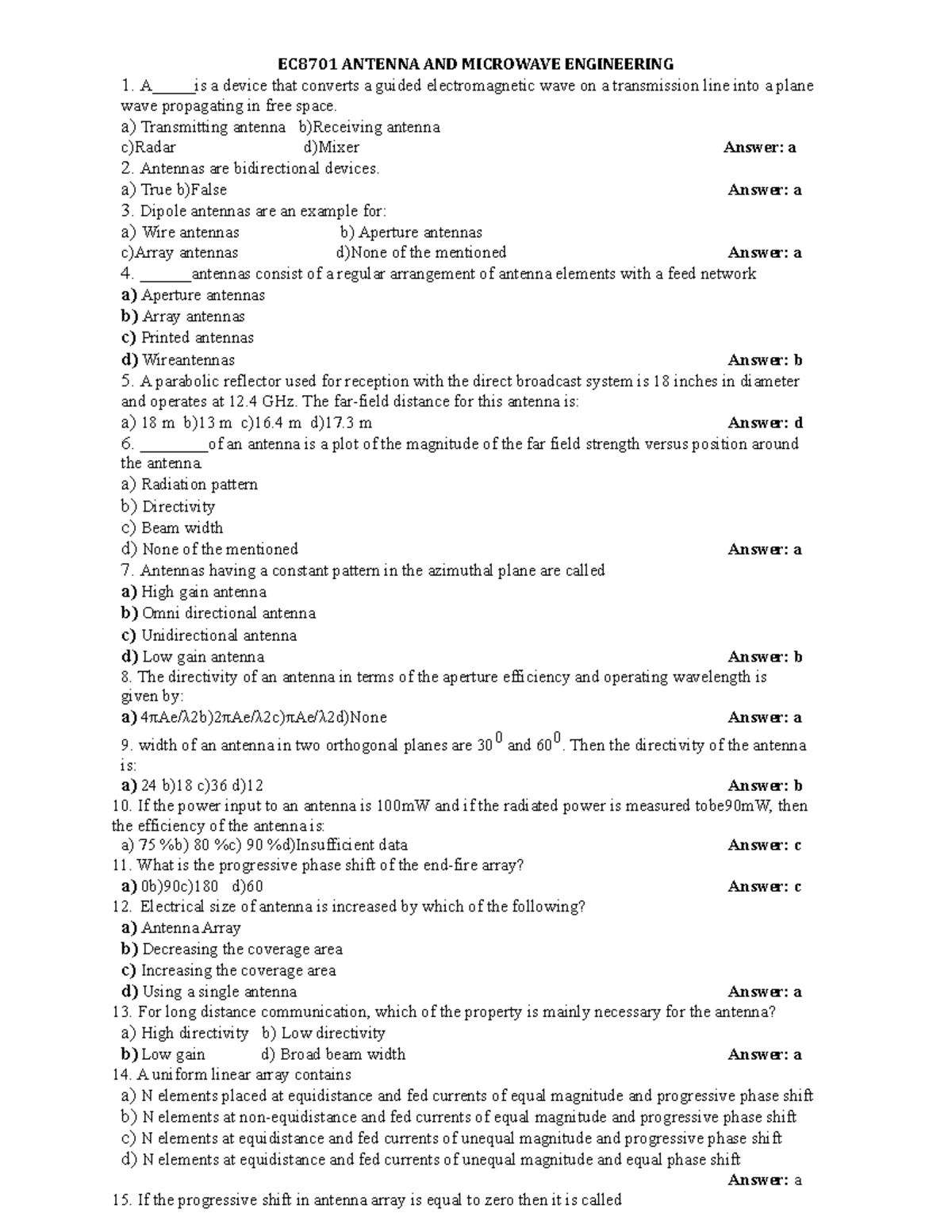 AME QUIZ 2 - Copy - EC8701 ANTENNA AND MICROWAVE ENGINEERING 1. A ...