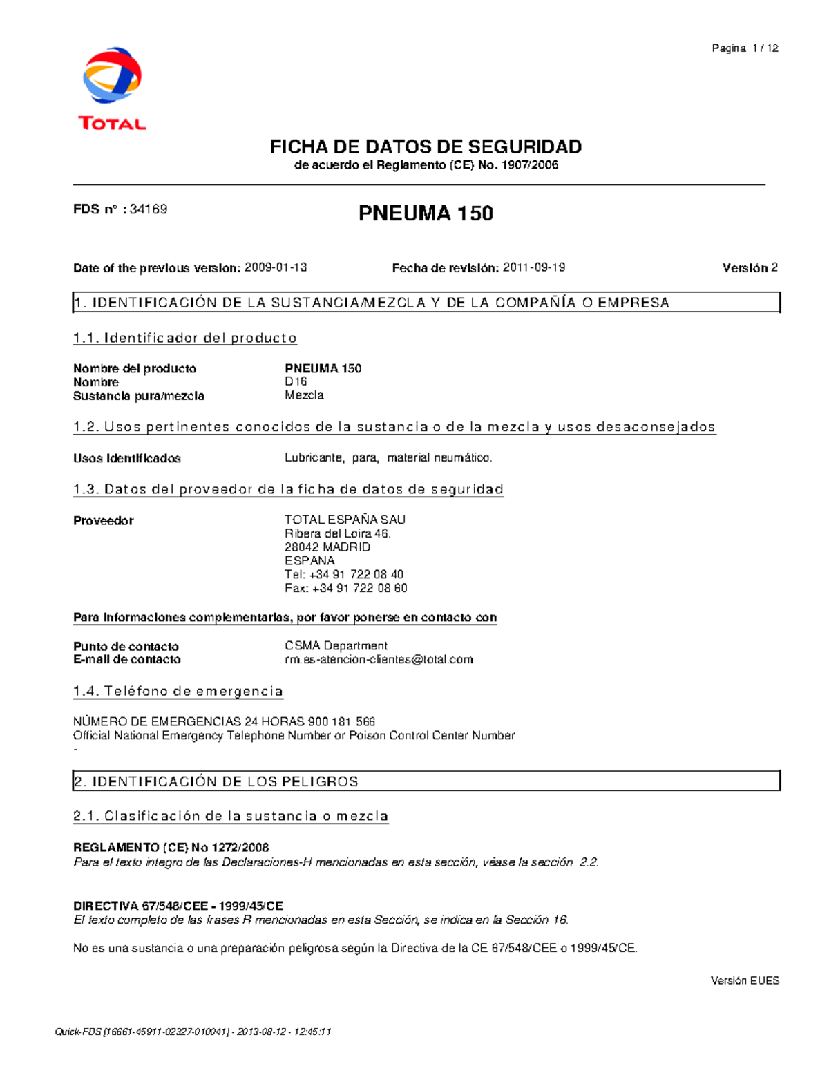 Pneuma 150 - 1. I DEN T I FI CA CI ÓN DE L A SU ST A N CI A /M EZ CL A ...